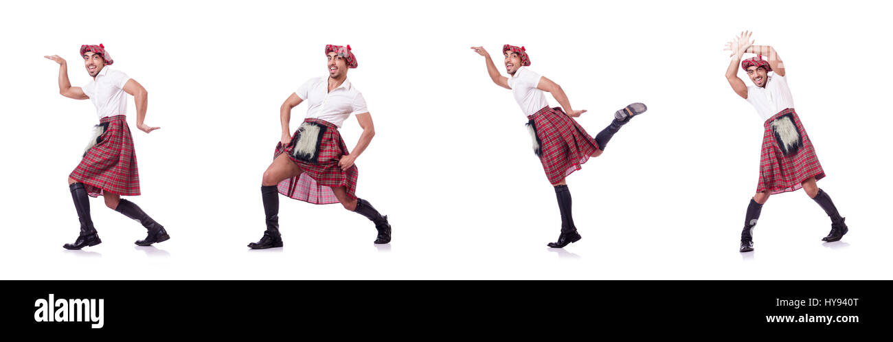 Scottish man dancing on white Stock Photo - Alamy