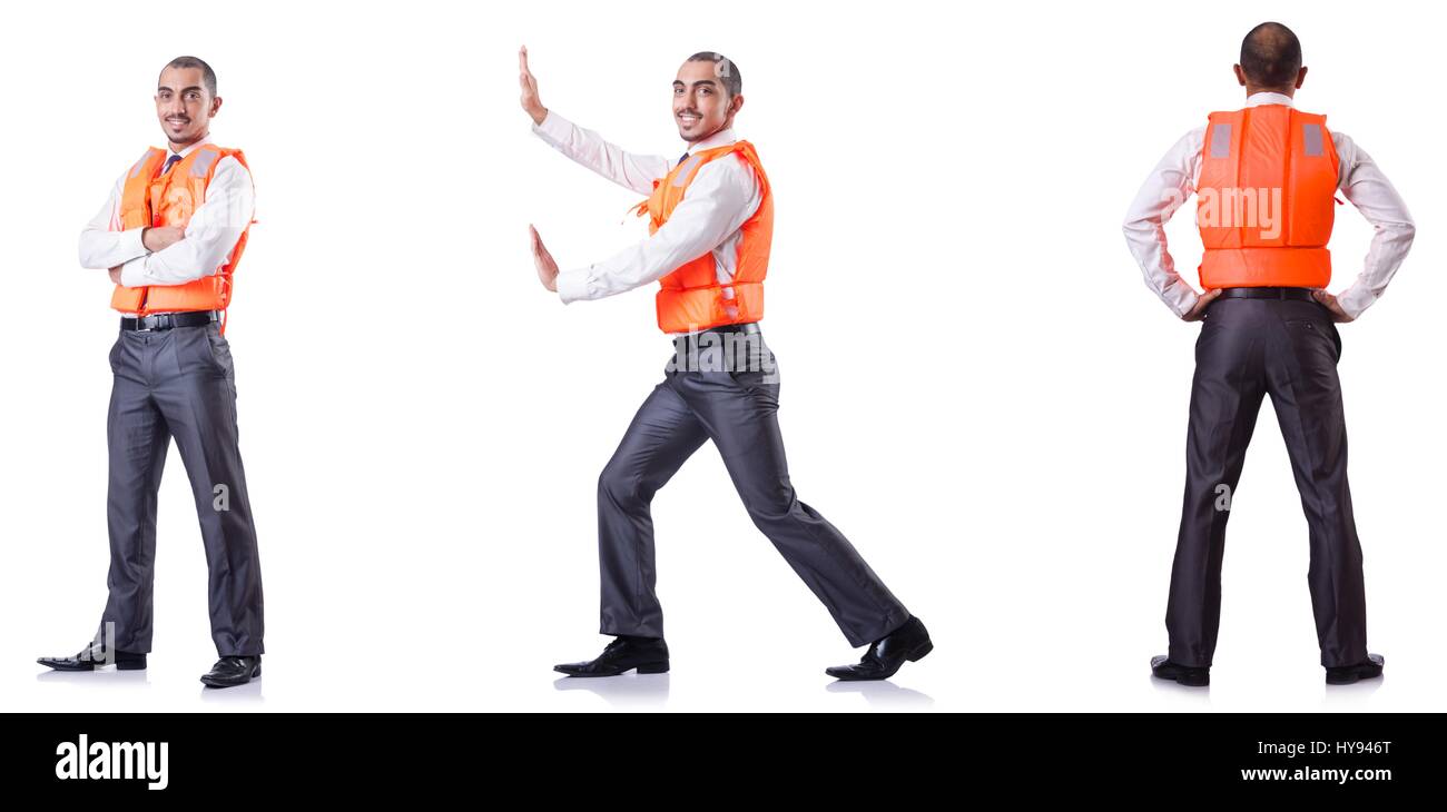 Man in life jacket isolated on white Stock Photo - Alamy