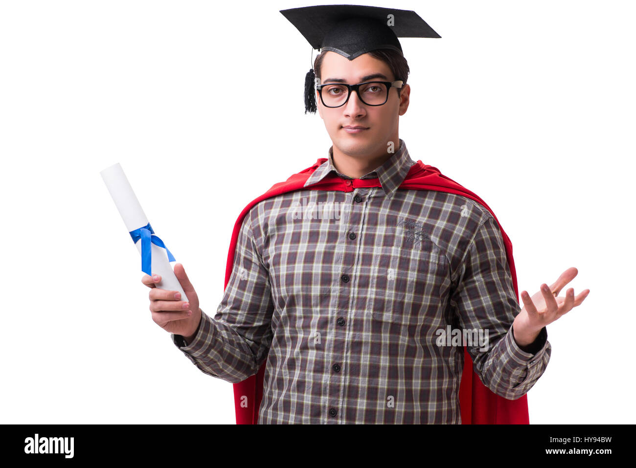 Super hero student with books isolated on white Stock Photo - Alamy