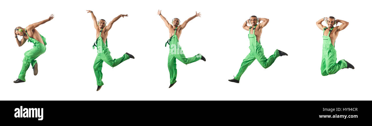 Construction worker jumping and dancing Stock Photo - Alamy