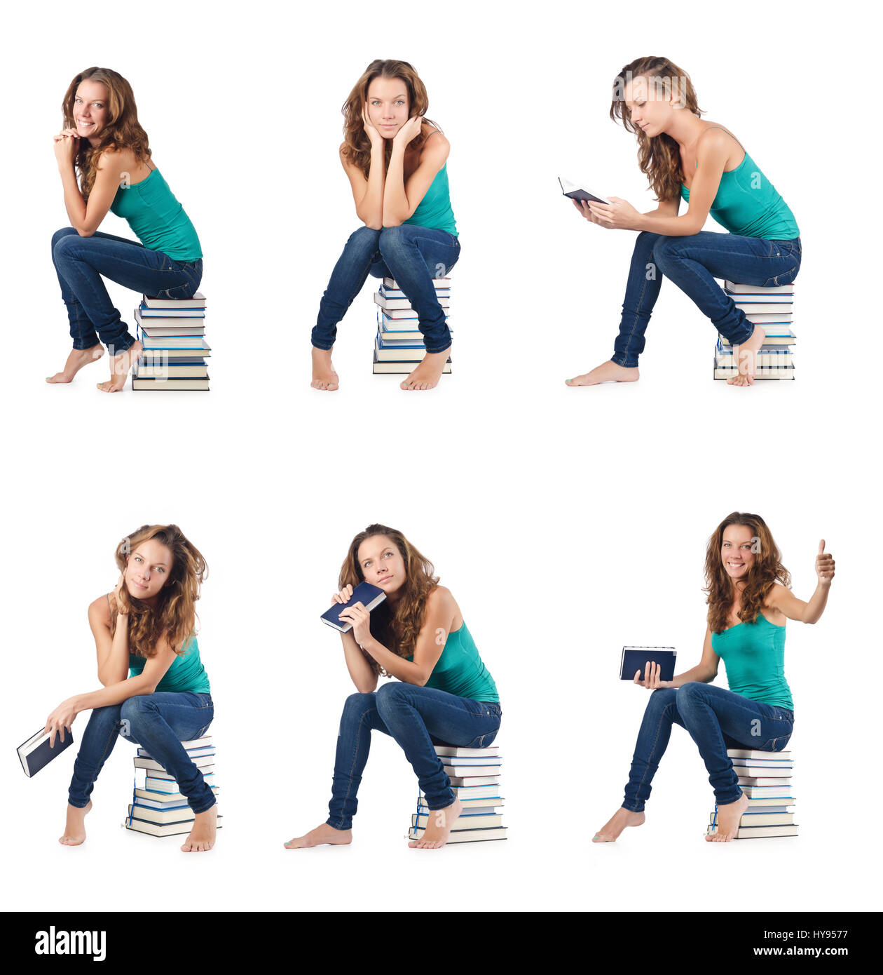 Student sitting on stack of books Stock Photo - Alamy