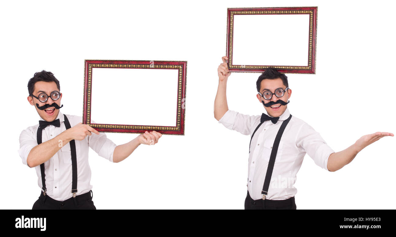 Young man with frame isolated on white Stock Photo - Alamy