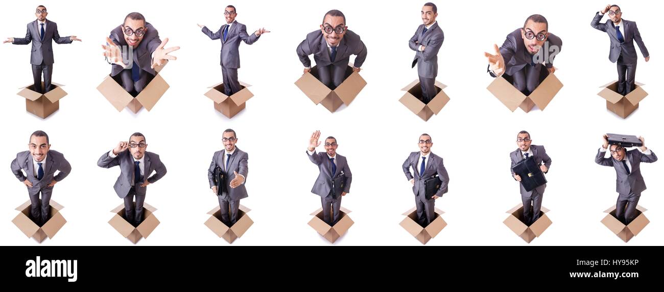 Man in thinking outside the box concept Stock Photo - Alamy