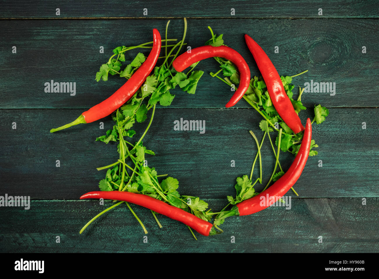 Wreath of cilantro leaves with chili peppers and copyspace Stock Photo ...