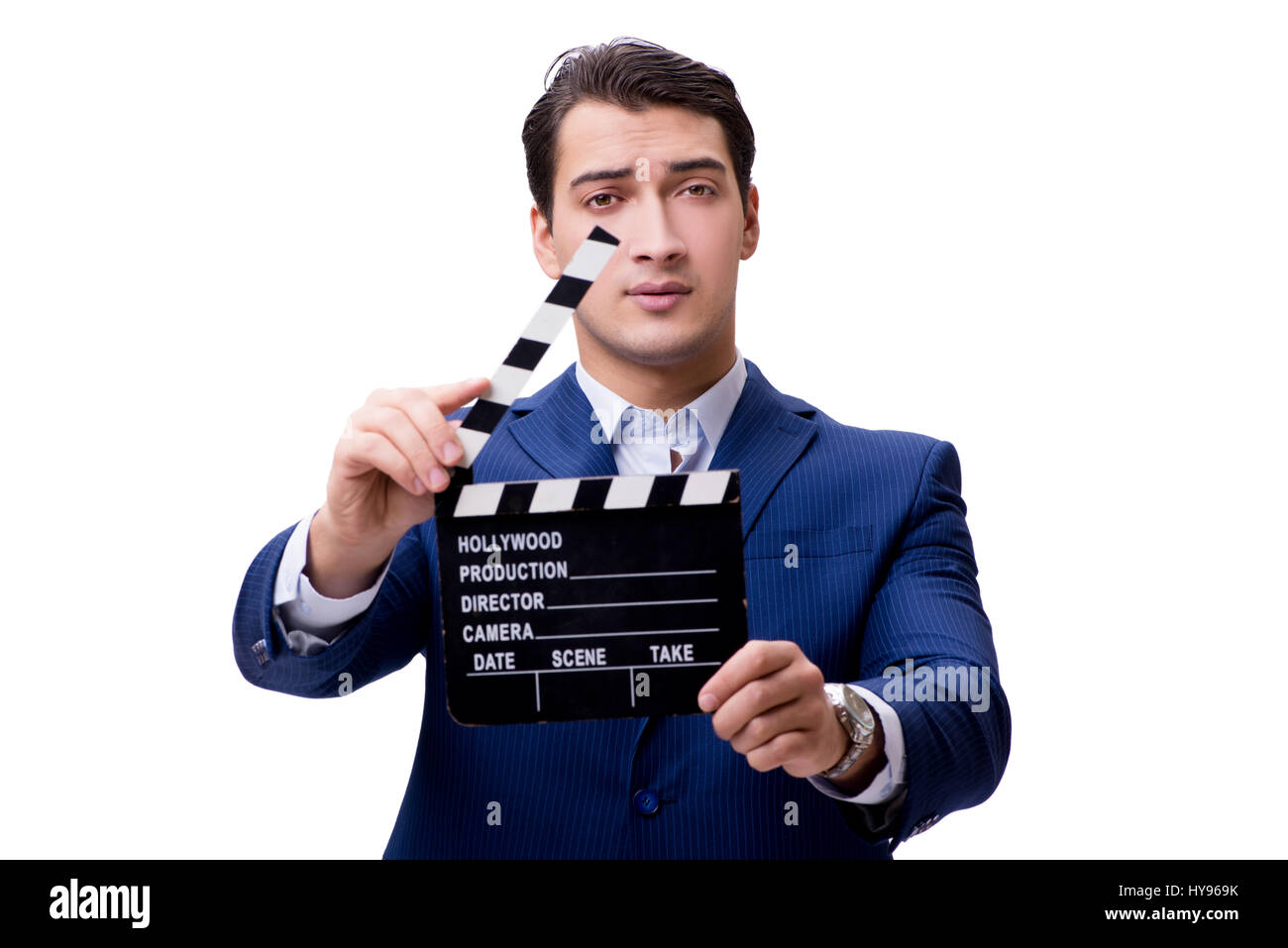Handsome man with movie clapper isolated on white Stock Photo - Alamy