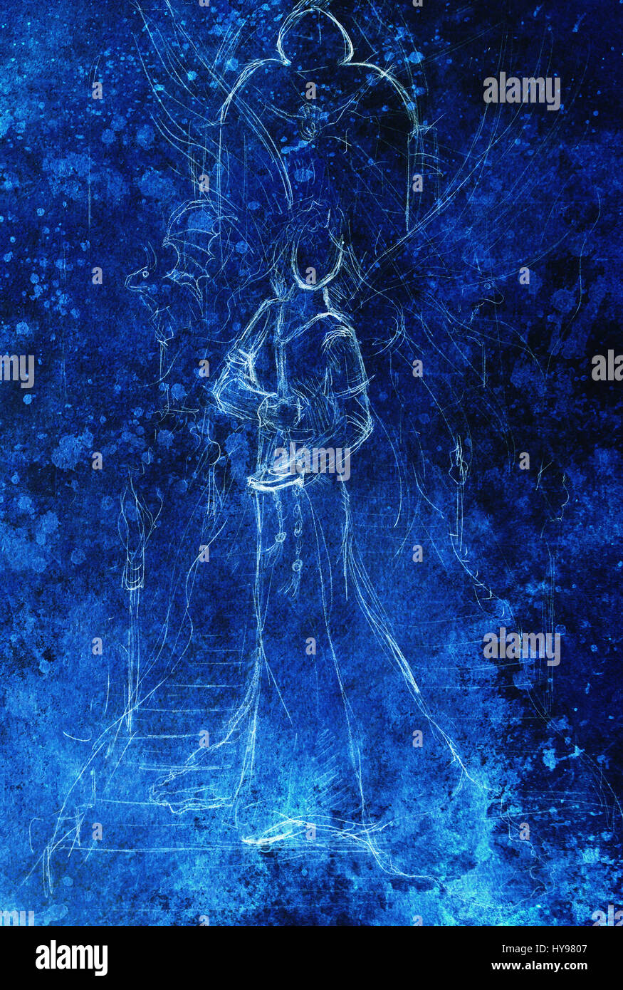 mystical woman angel standing at staircase with the portal on the top ...