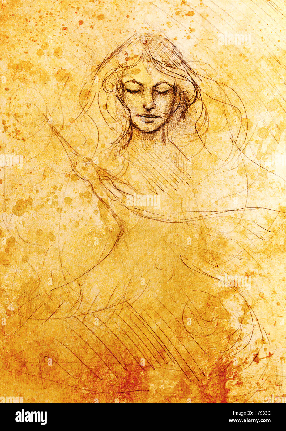 drawing of beautiful contemplative woman face with flying phoenix bird ...