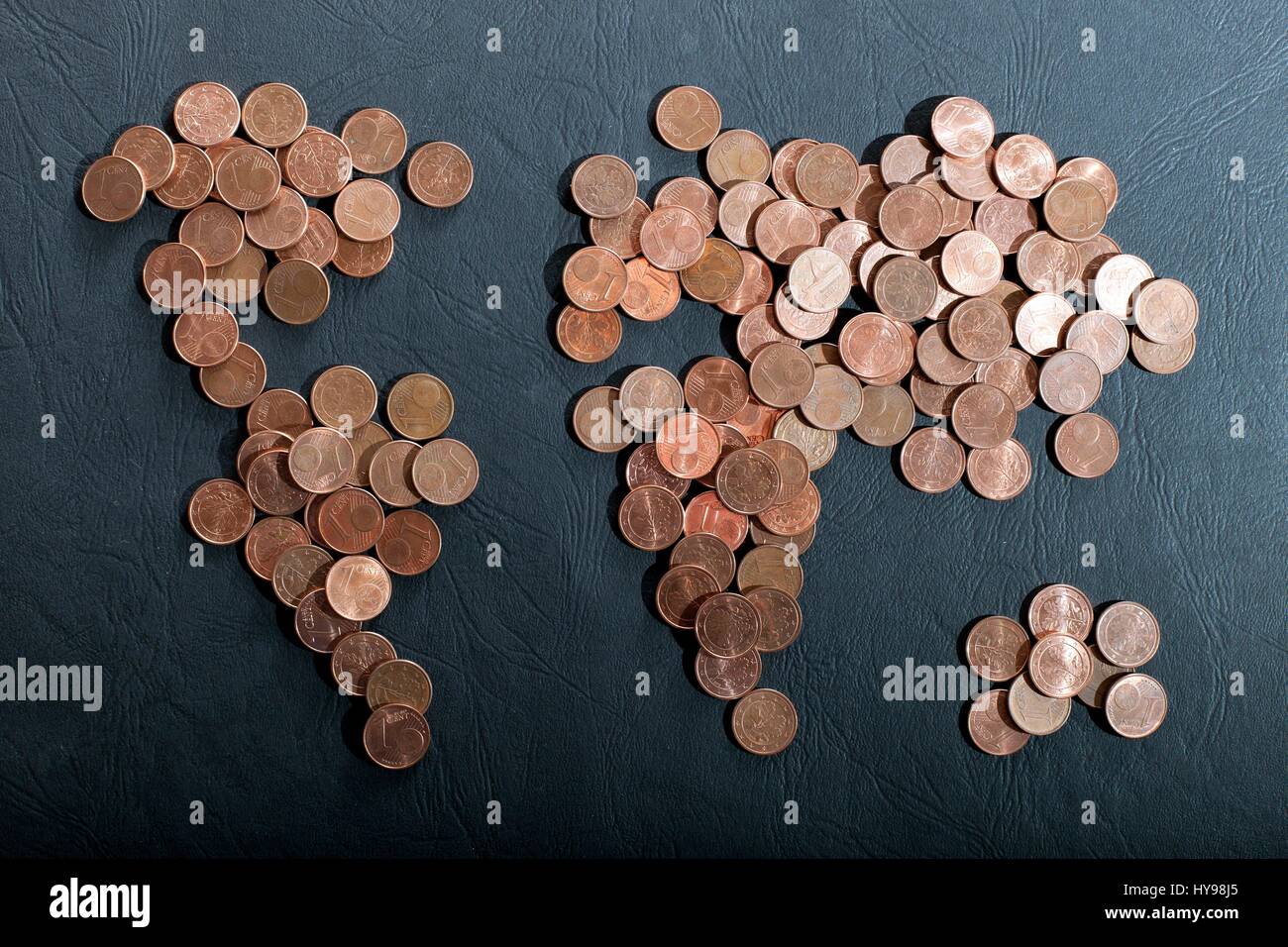 symbolic photo for money and globalization - world map made out of cent ...