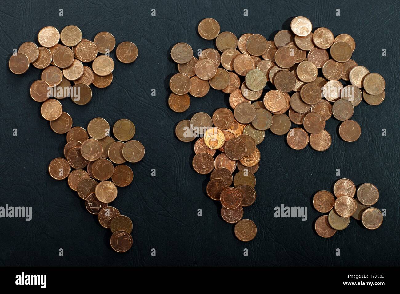 symbolic photo for money and globalization - world map made out of cent ...