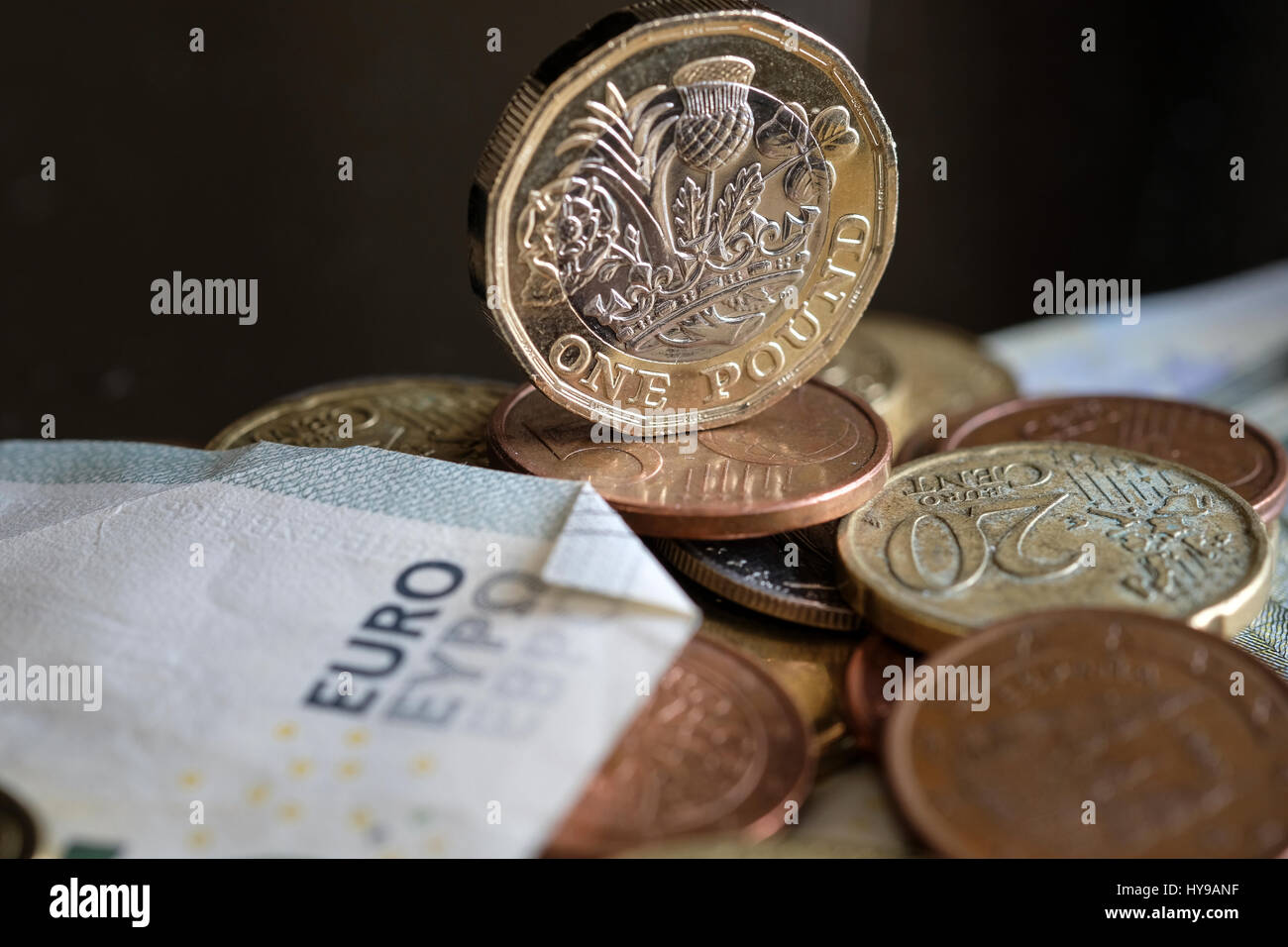 New Pound Coin with Euro currency Stock Photo - Alamy