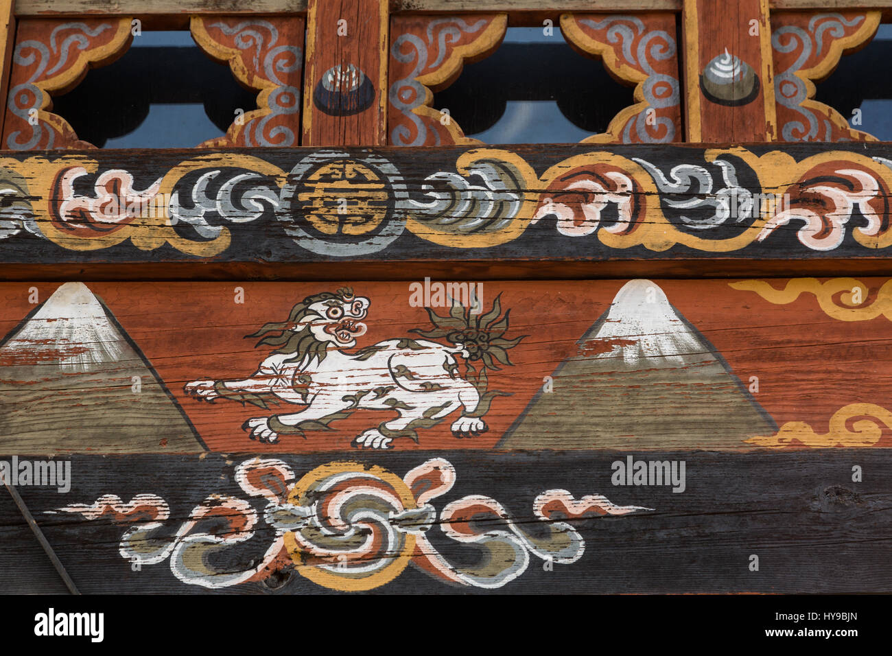 Tibetan snow lion painted on a window frame in Sopsokha, Bhutan Stock ...