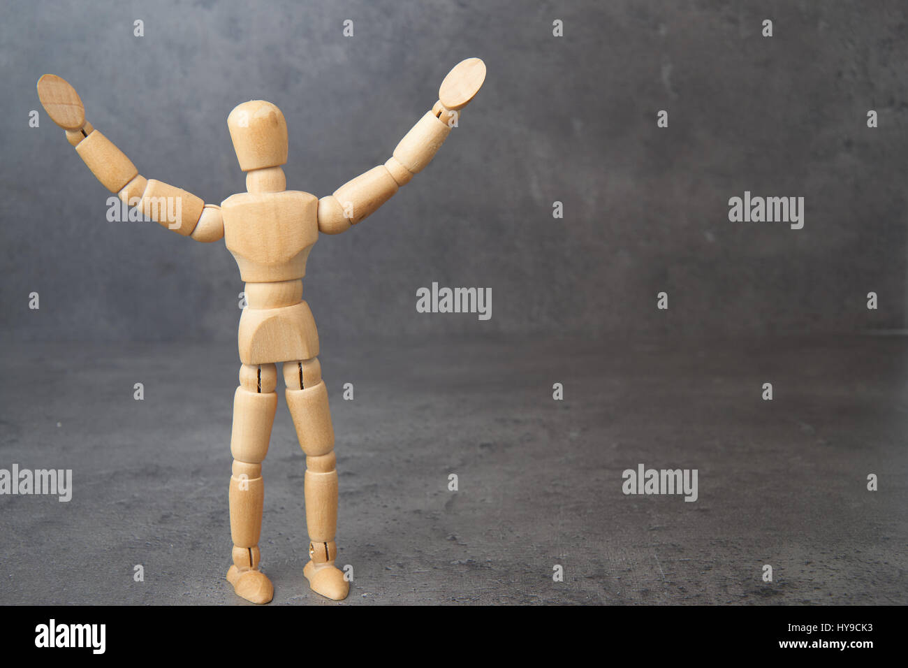 welcoming or happy wooden mannequin, puppet, with copyspace Stock Photo ...