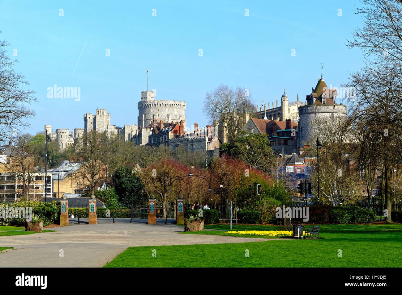Windsor Castle on skyline of town centre Berkshire UK Stock Photo - Alamy