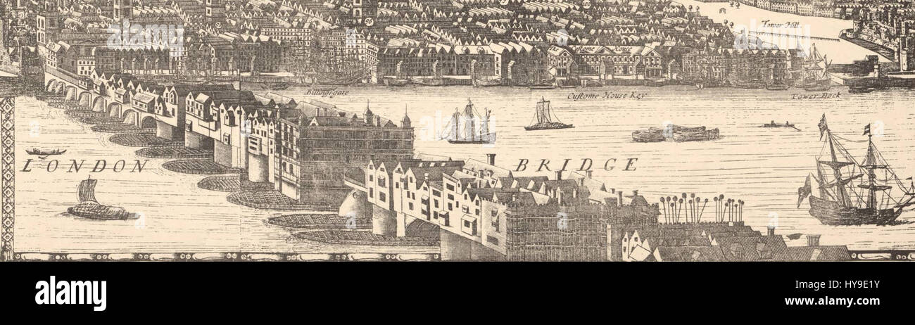 The 1682 illustration of the London Bridge provides a detailed ...