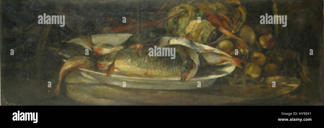 A still-life painting by Gheorghe Popovici, featuring fish as the ...