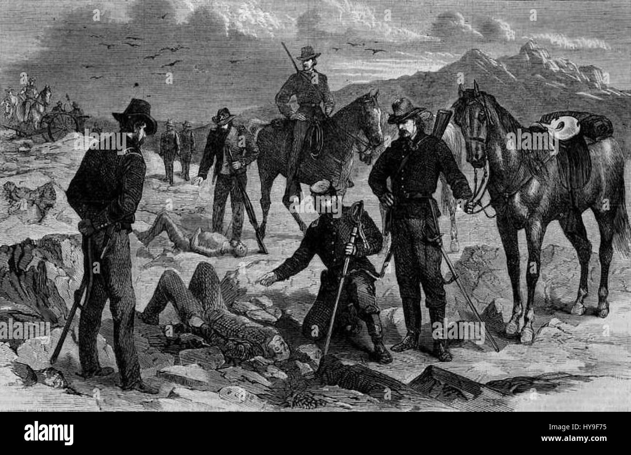 This painting illustrates a scene from the Modoc War, where soldiers ...