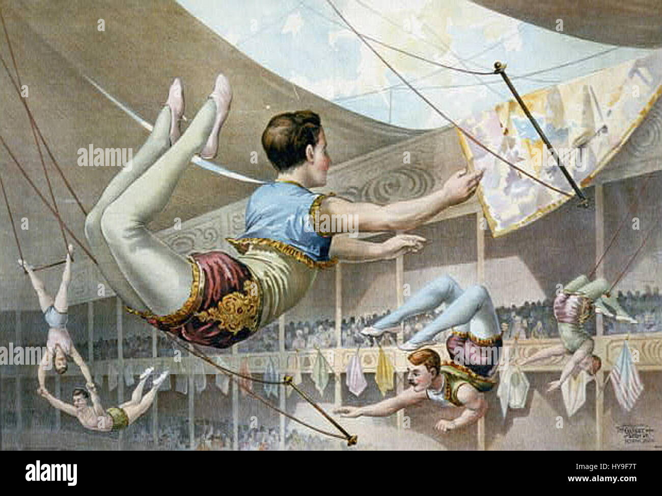 A late 19th-century depiction of trapeze artists in mid-performance ...