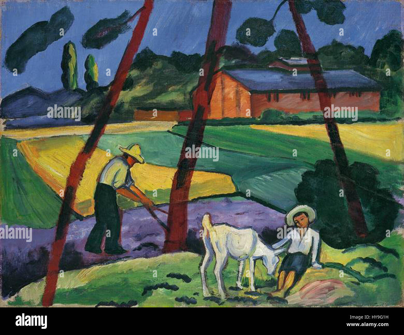 August Macke's 'Landschaft mit Bauer Junge und Ziege' from 1914 depicts ...