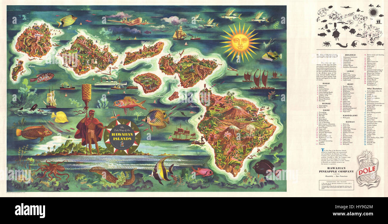 This 1950 map by Joseph Feher showcases the Hawaiian Islands, focusing ...