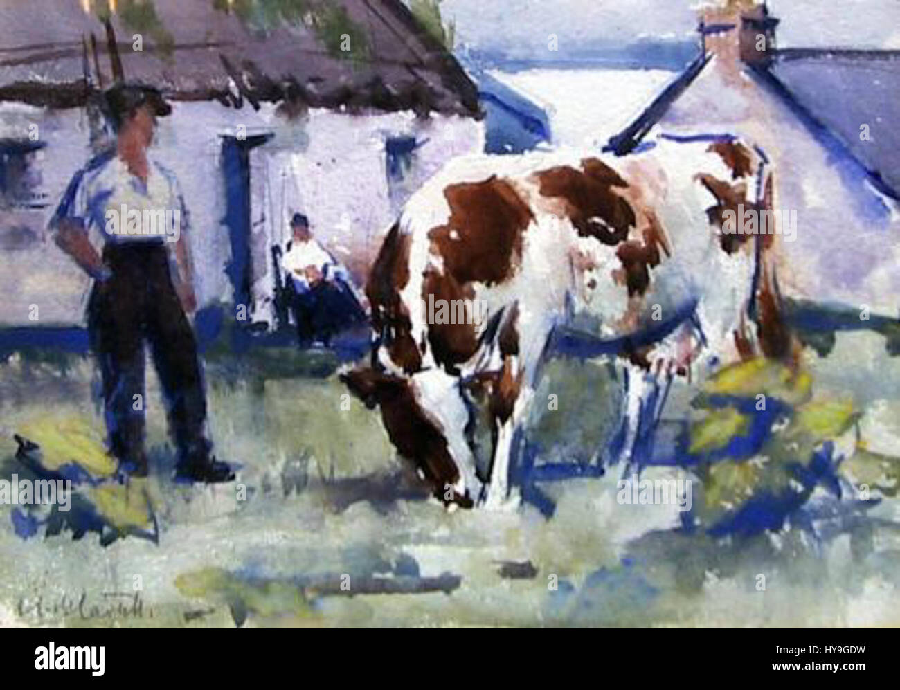 This painting depicts a rural scene of crofting life with cattle. The ...