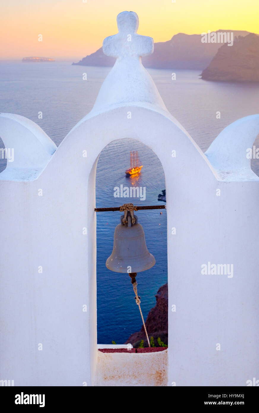 Traditional greek church bell and seascape background on Santorini ...