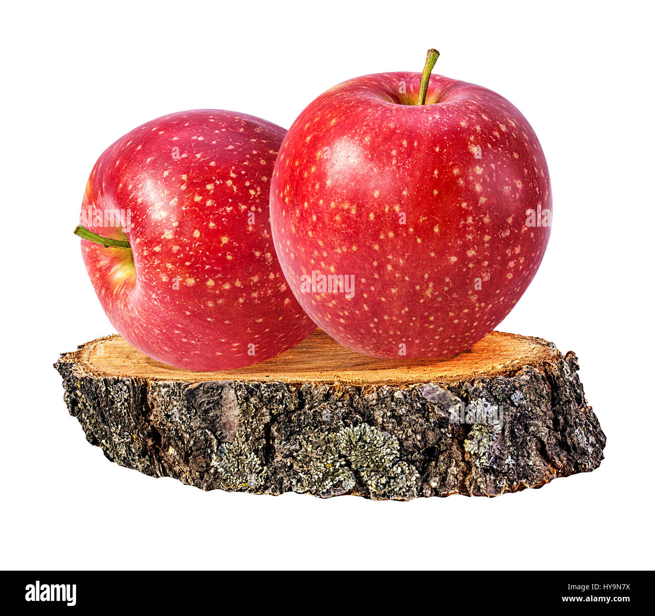 Apples on a wooden сross section of tree trunk isolated on white ...
