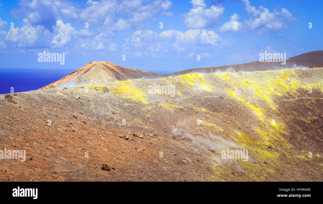 Landscape view of colorful volcano crater on Vulcano island, Sicily ...