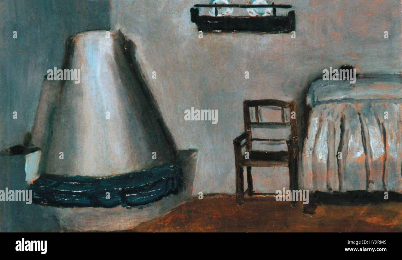 This artwork by Endre depicts a rustic interior with a kemence, a ...