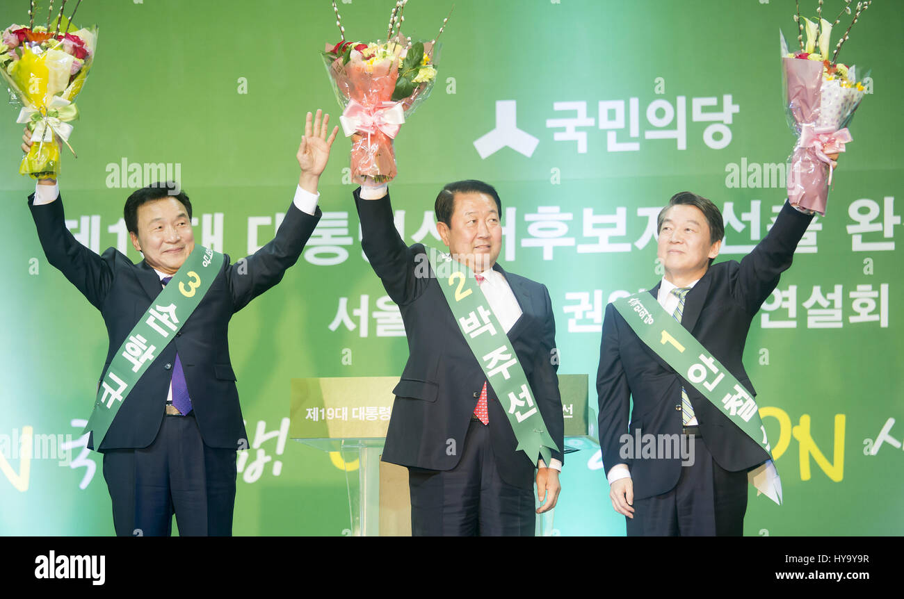 Seoul, South Korea. 2nd Apr, 2017. Sohn Hak-Kyu, Park Joo-Sun and Ahn ...