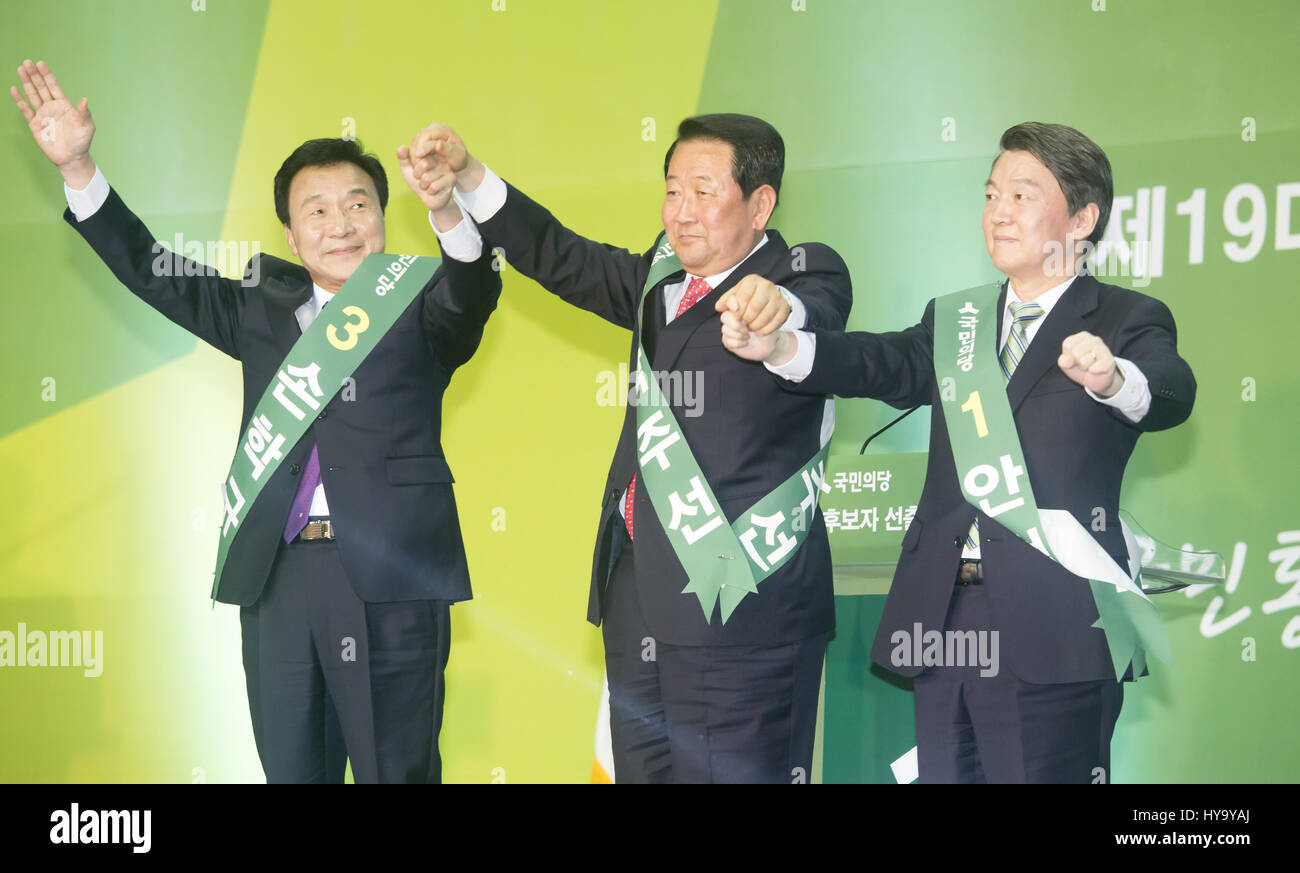 Seoul, South Korea. 2nd Apr, 2017. Sohn Hak-Kyu, Park Joo-Sun and Ahn ...