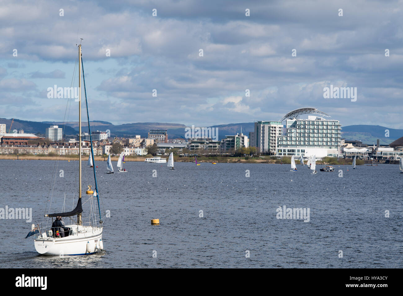 Cardiff, UK. 2nd Apr, 2017. UK Weather. A boat sails in Cardiff Bay in ...