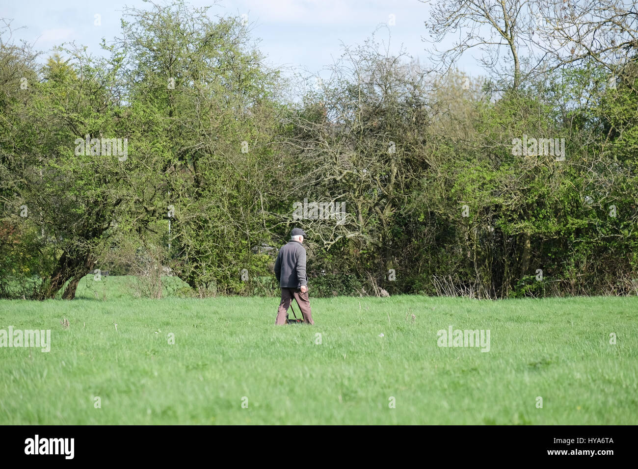 Man walking his dog in the spring sunshine Stock Photo - Alamy