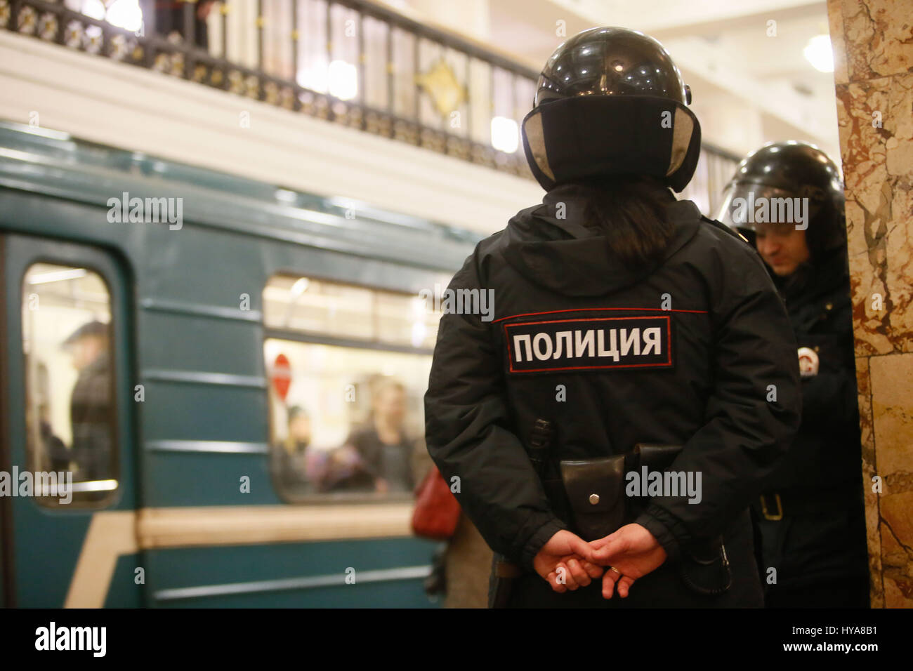 Moscow, Russia. 3rd Apr, 2017. Police officers stand guard on the ...