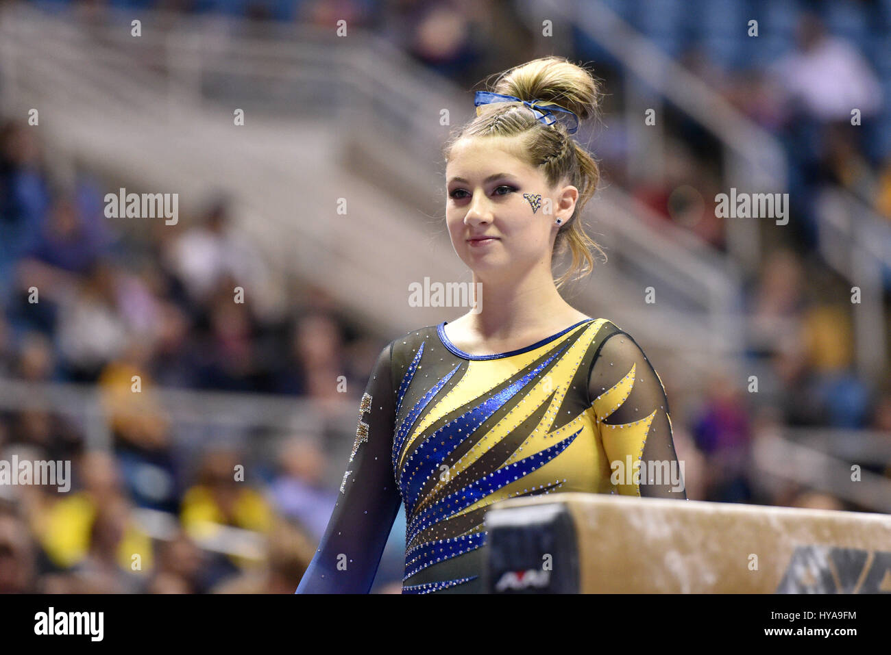 Morgantown, West Virginia, USA. 1st Apr, 2017. WVU gymnast ABBY KAUFMAN ...