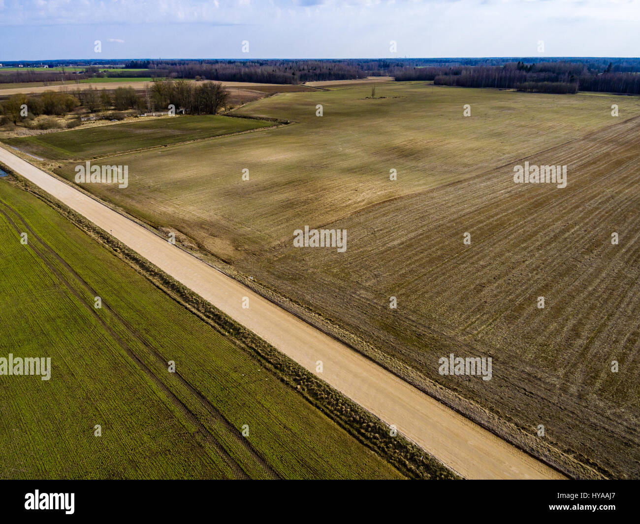 drone image. aerial view of rural area with freshly green fields ...