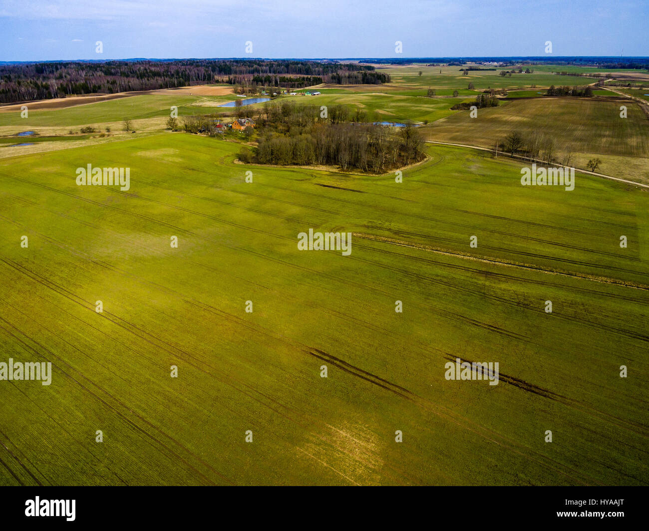 drone image. aerial view of rural area with freshly green fields ...