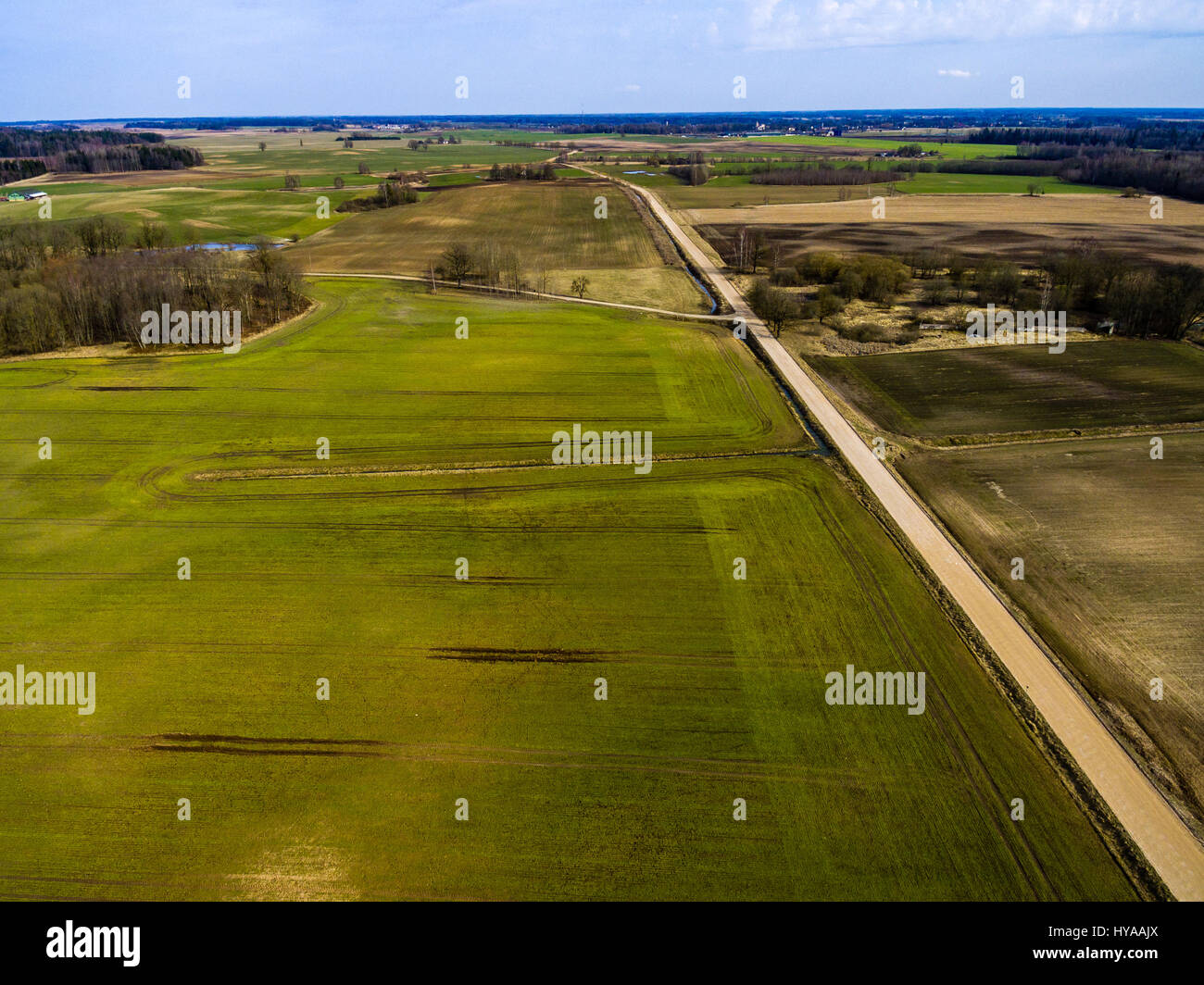 drone image. aerial view of rural area with freshly green fields ...