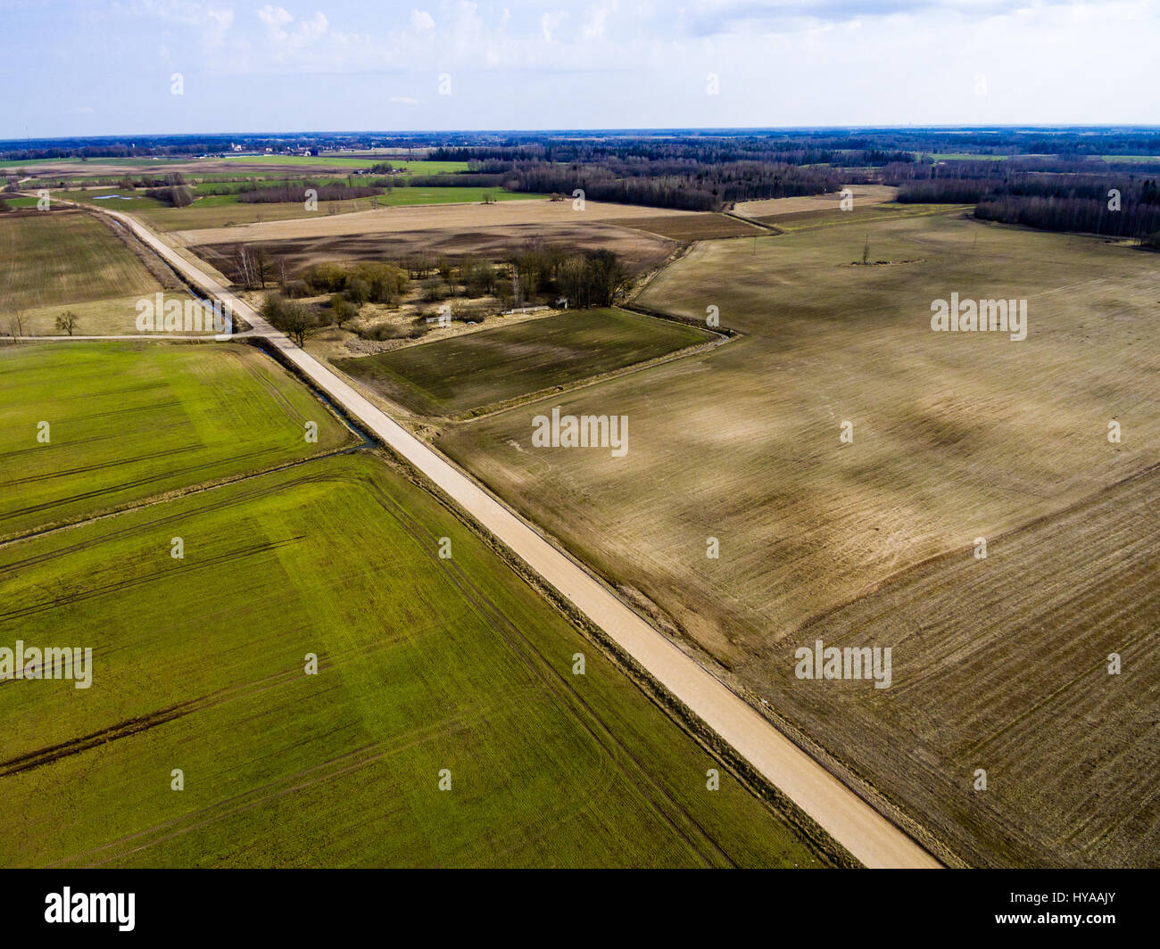 drone image. aerial view of rural area with freshly green fields ...