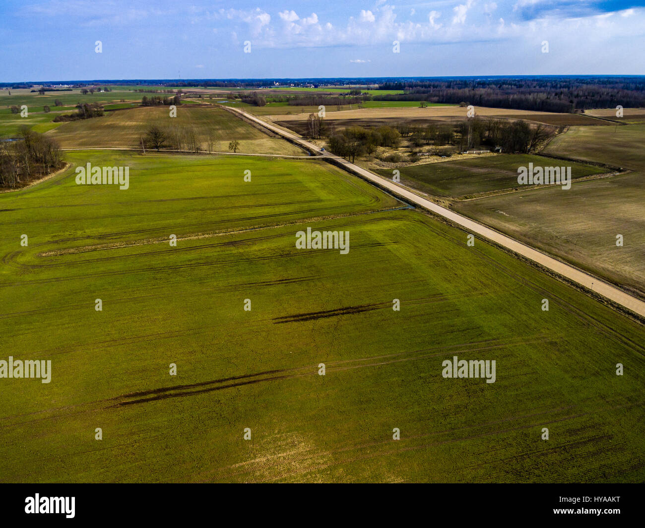 drone image. aerial view of rural area with freshly green fields ...