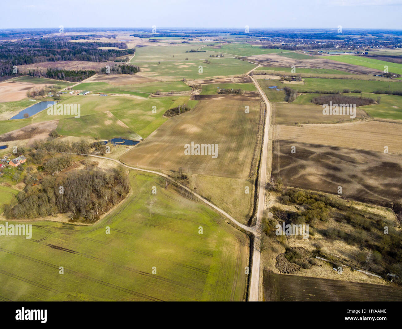 drone image. aerial view of rural area with freshly green fields ...