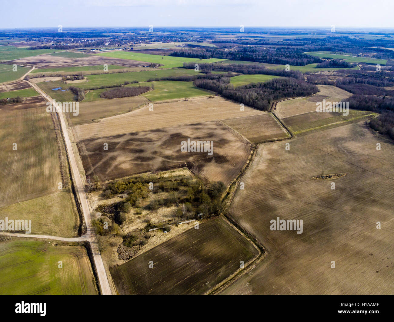 drone image. aerial view of rural area with freshly green fields ...