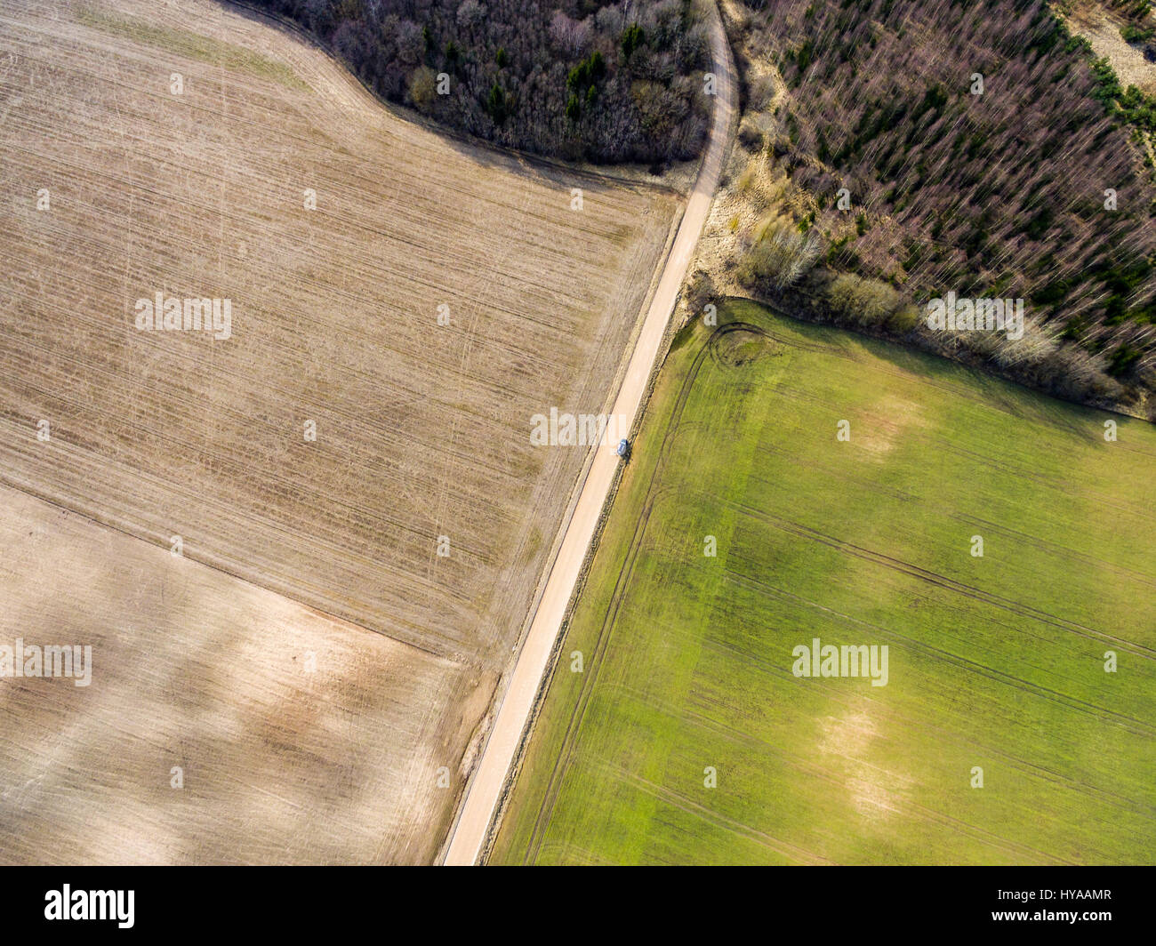drone image. aerial view of rural area with freshly green fields ...