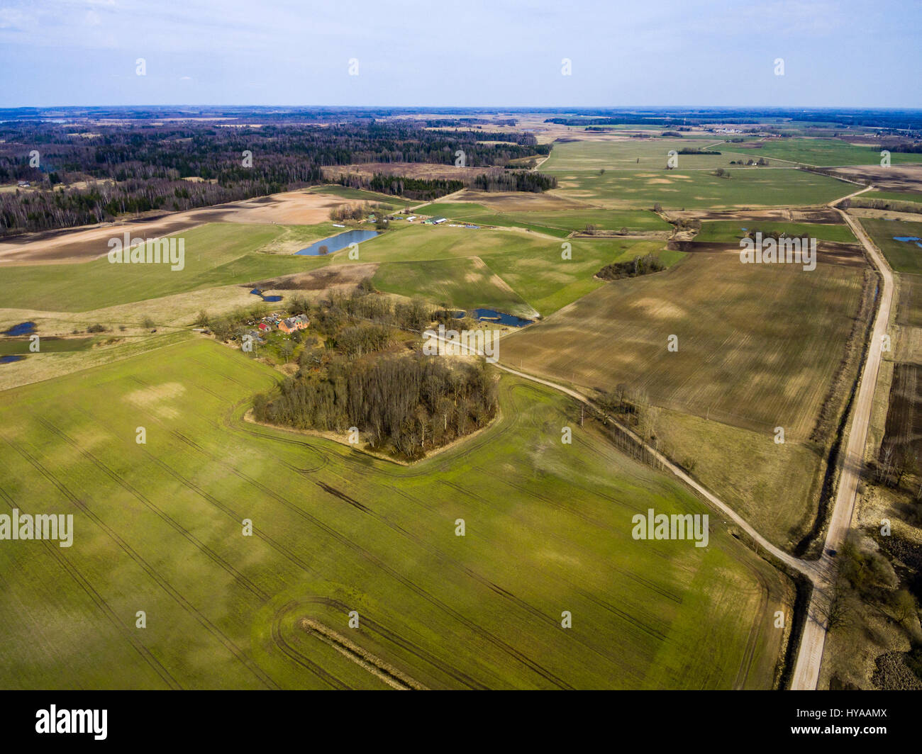 drone image. aerial view of rural area with freshly green fields ...