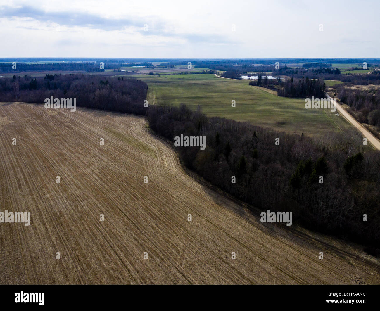 drone image. aerial view of rural area with freshly green fields ...