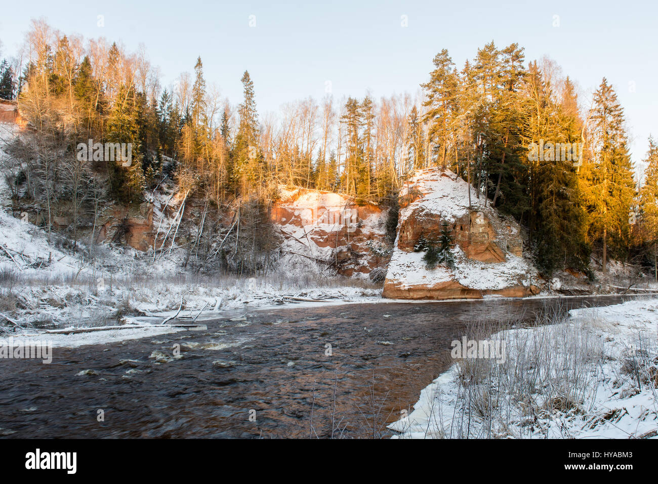Frozen winter river landscape with ice and snow Stock Photo - Alamy