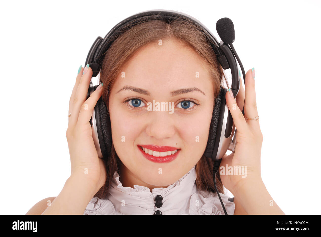 Beautiful customer service operator student girl with headset, isolated ...
