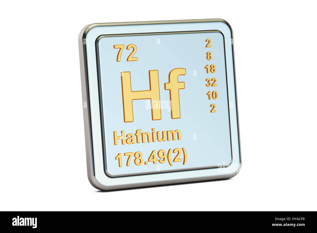 Hafnium Hf, chemical element sign. 3D rendering isolated on white ...