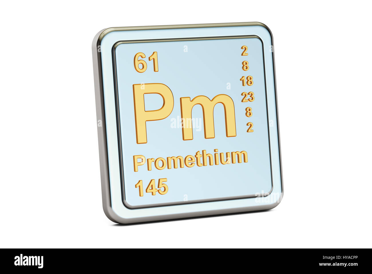 Promethium Pm, chemical element sign. 3D rendering isolated on white ...