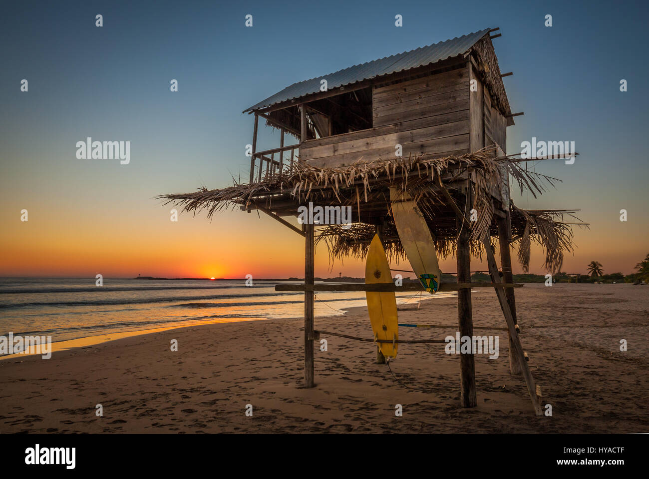 A surf hut at sunset on the beach of San Blas, Nayarit, Mexico Stock ...