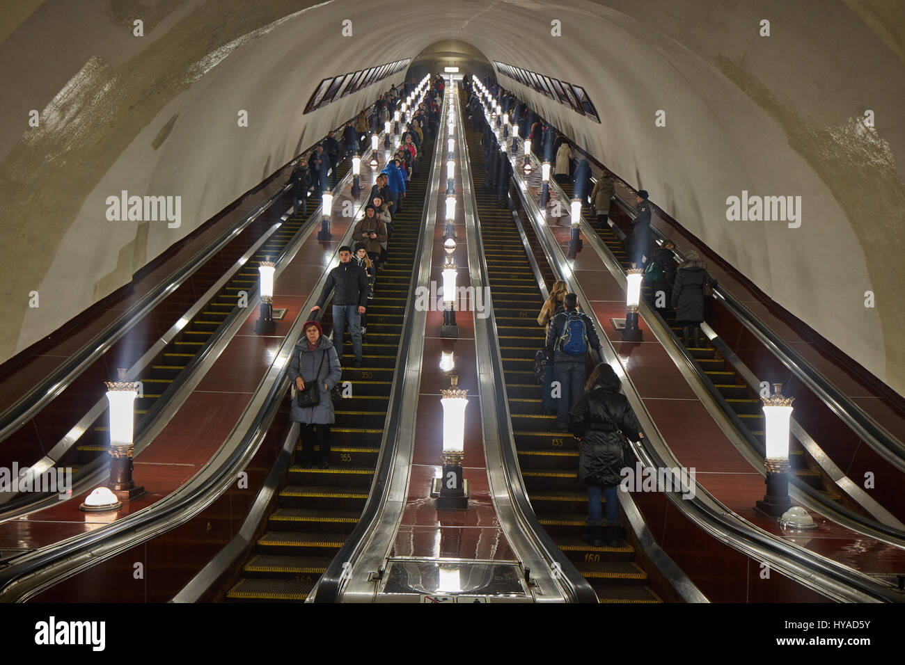 Moscow - 10 January 2017: People on the escalator at the Moscow metro ...